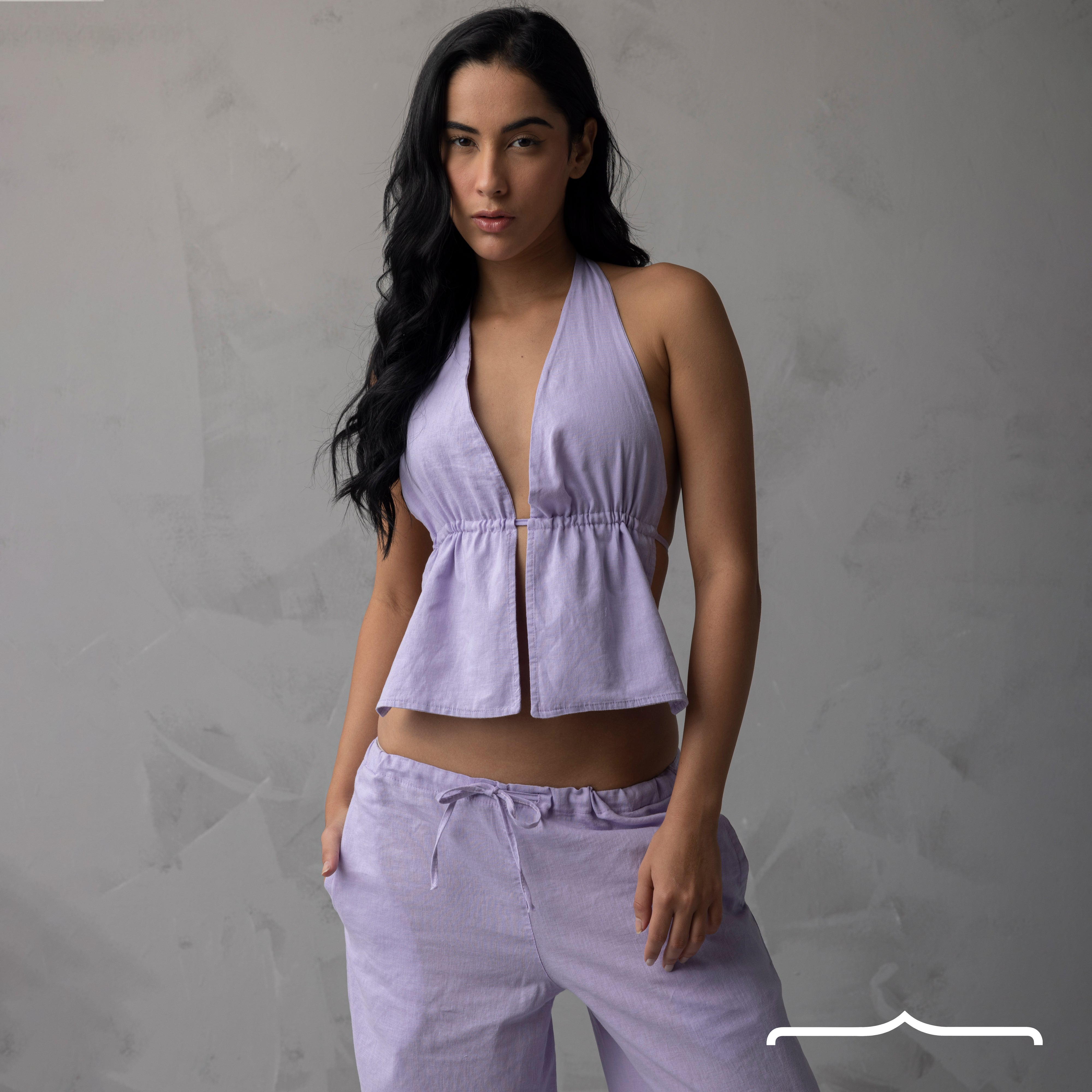 Women's Lilac Linen Halter Crop Top Set - Elegant Look