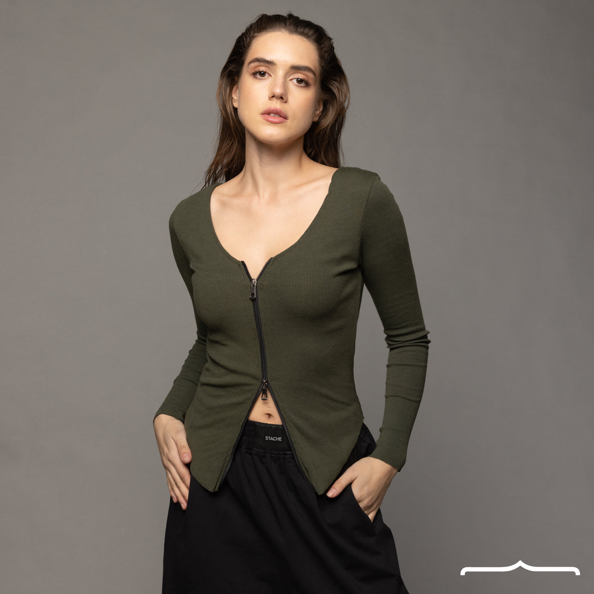 Women's Double Sided Zipper Top in Olive Color