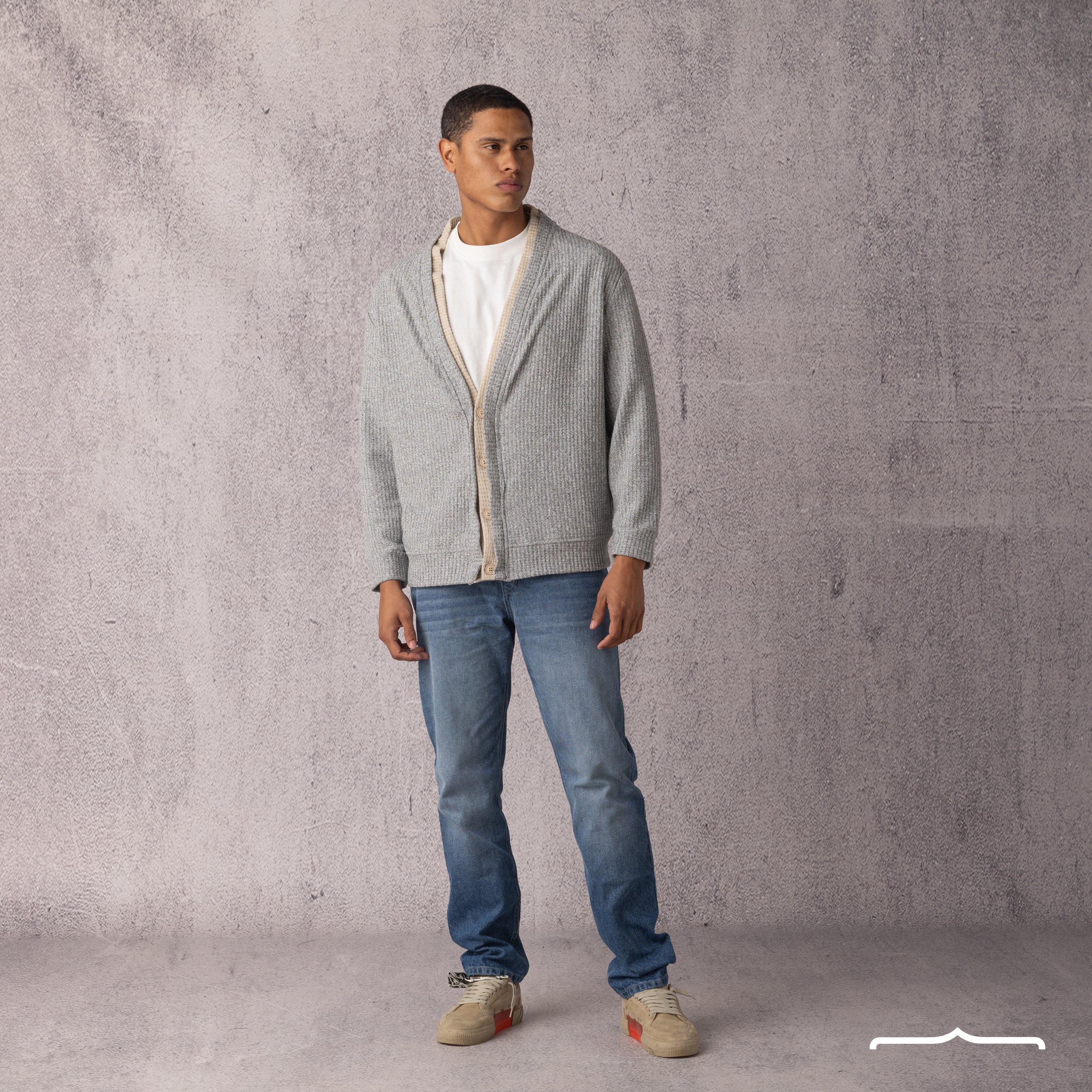 Men Double Layered Knit Cardigan Grey x Beige