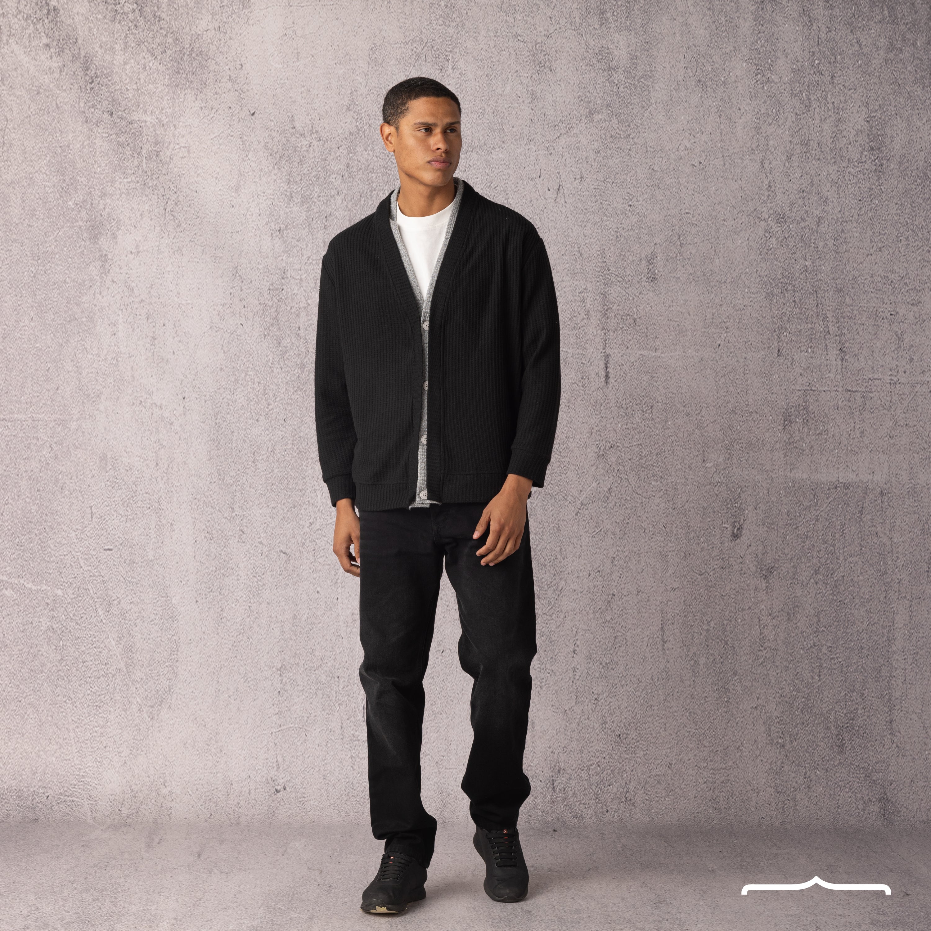 Double Layered Knit Cardigan Black x Grey - Sleek & Warm